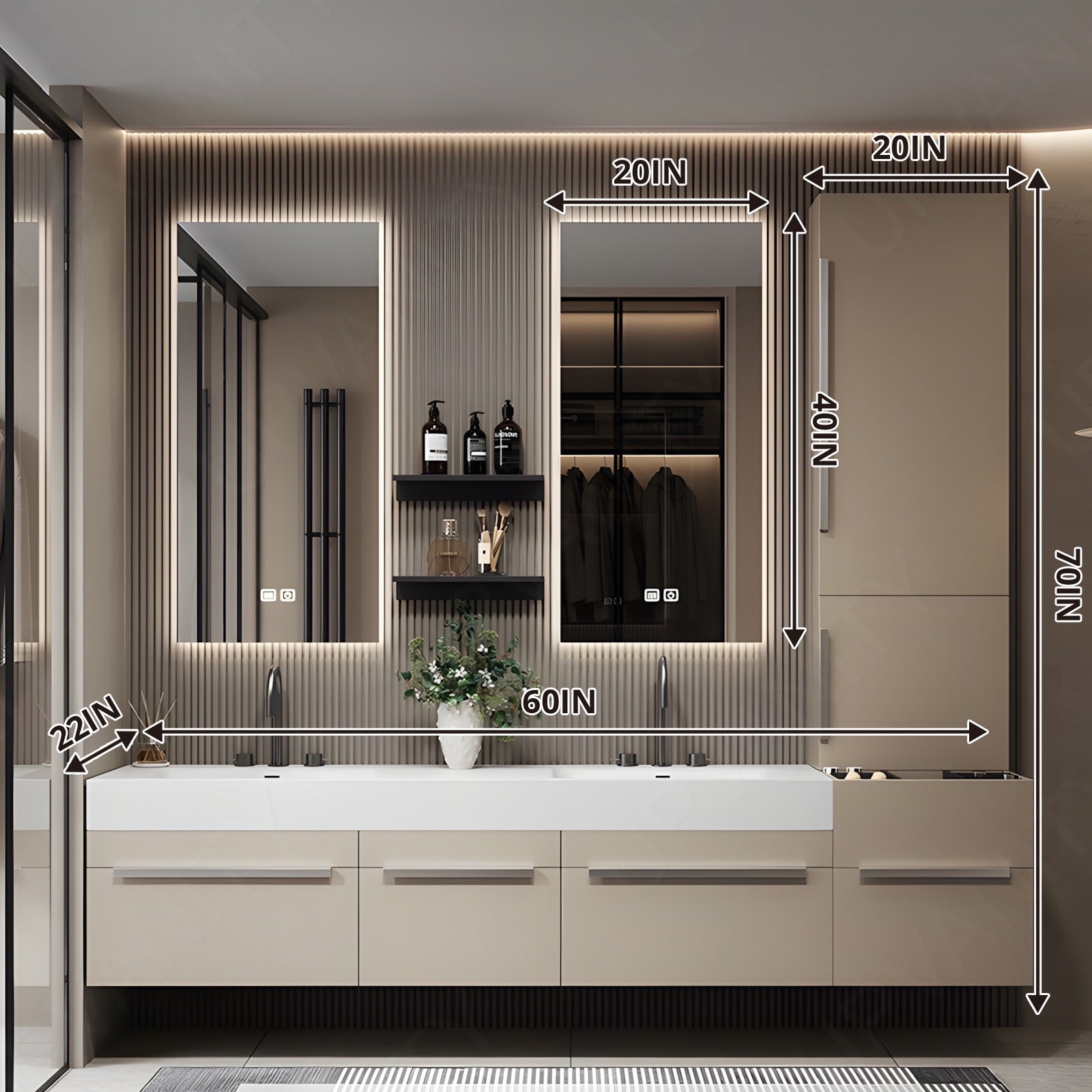 Elegant Bath Vanity Set, Beige, Striped Panel, 36"- 72", Single, Float