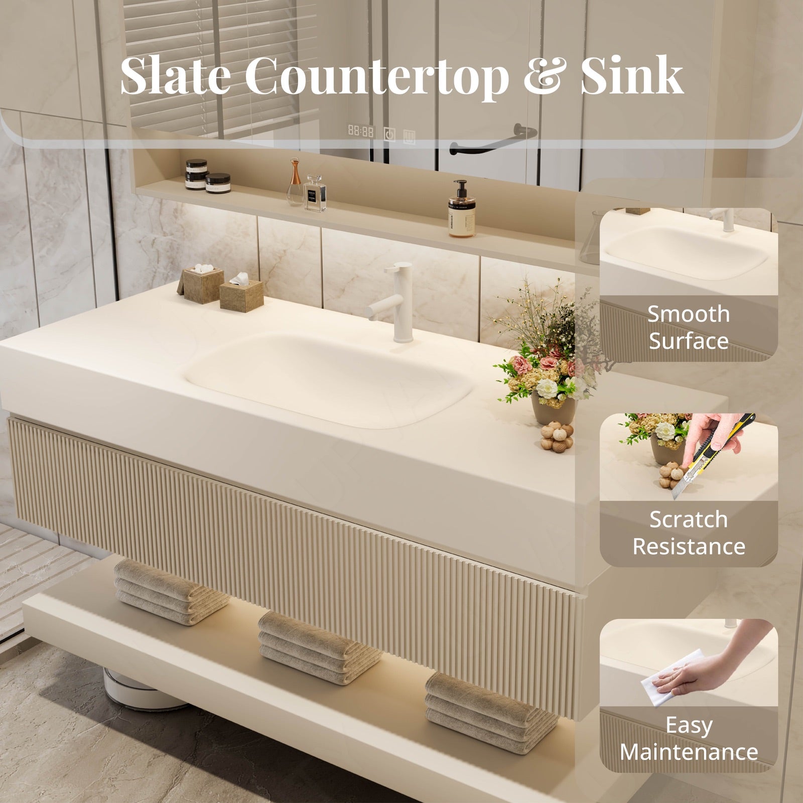 Modern Bath Vanity Set, Gray, Open Storage, Striped Panel, 52"- 78", D