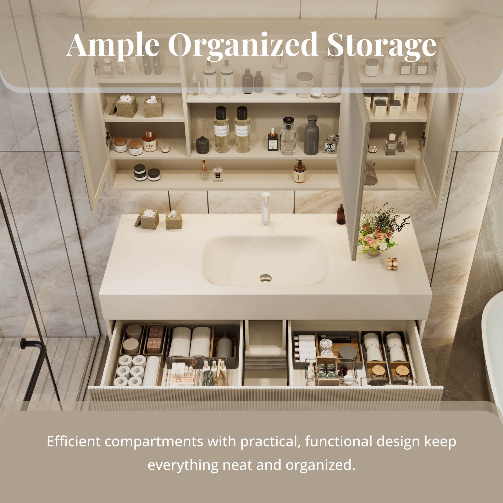 Modern Bath Vanity Set, Gray, Open Storage, Striped Panel, 52"- 78", D