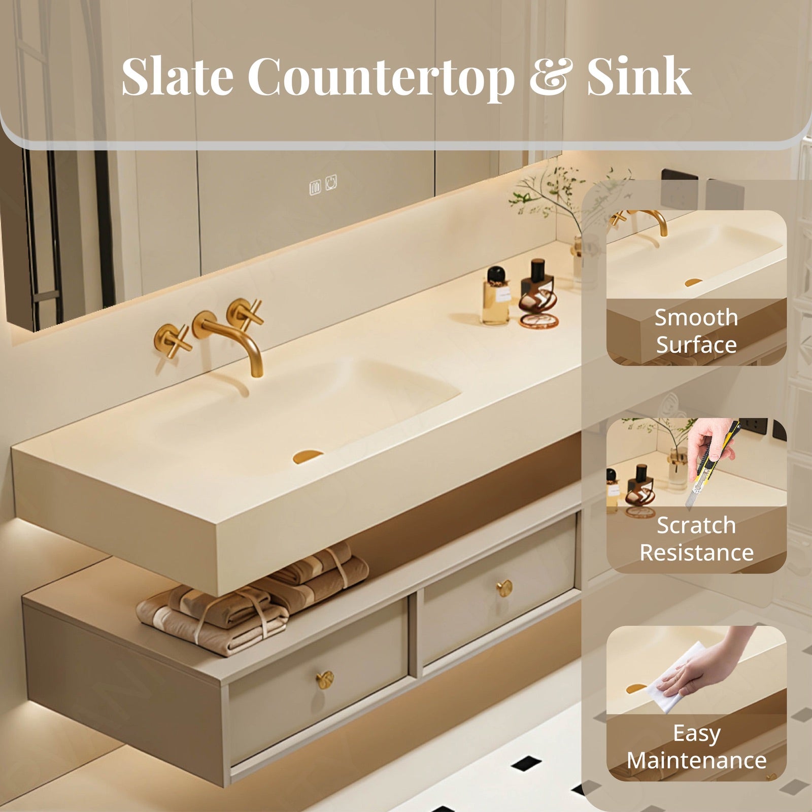 Modern Bath Vanity Set, Gray, Split Marble Textured Top, 32"-72", Sing