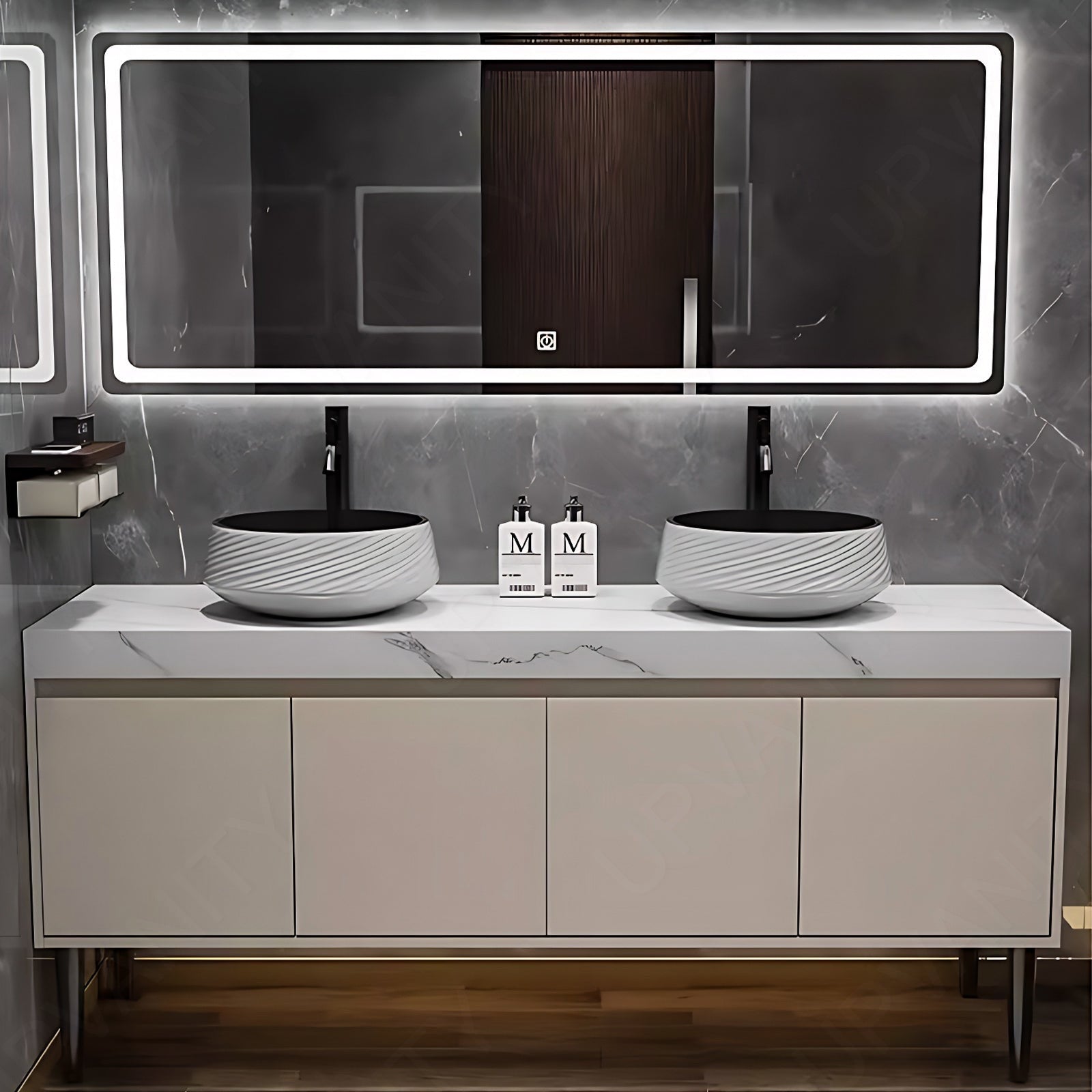 Elegant Bath Vanity Set, Beige, Joint Black Top, 56''-78'', Double, Fl