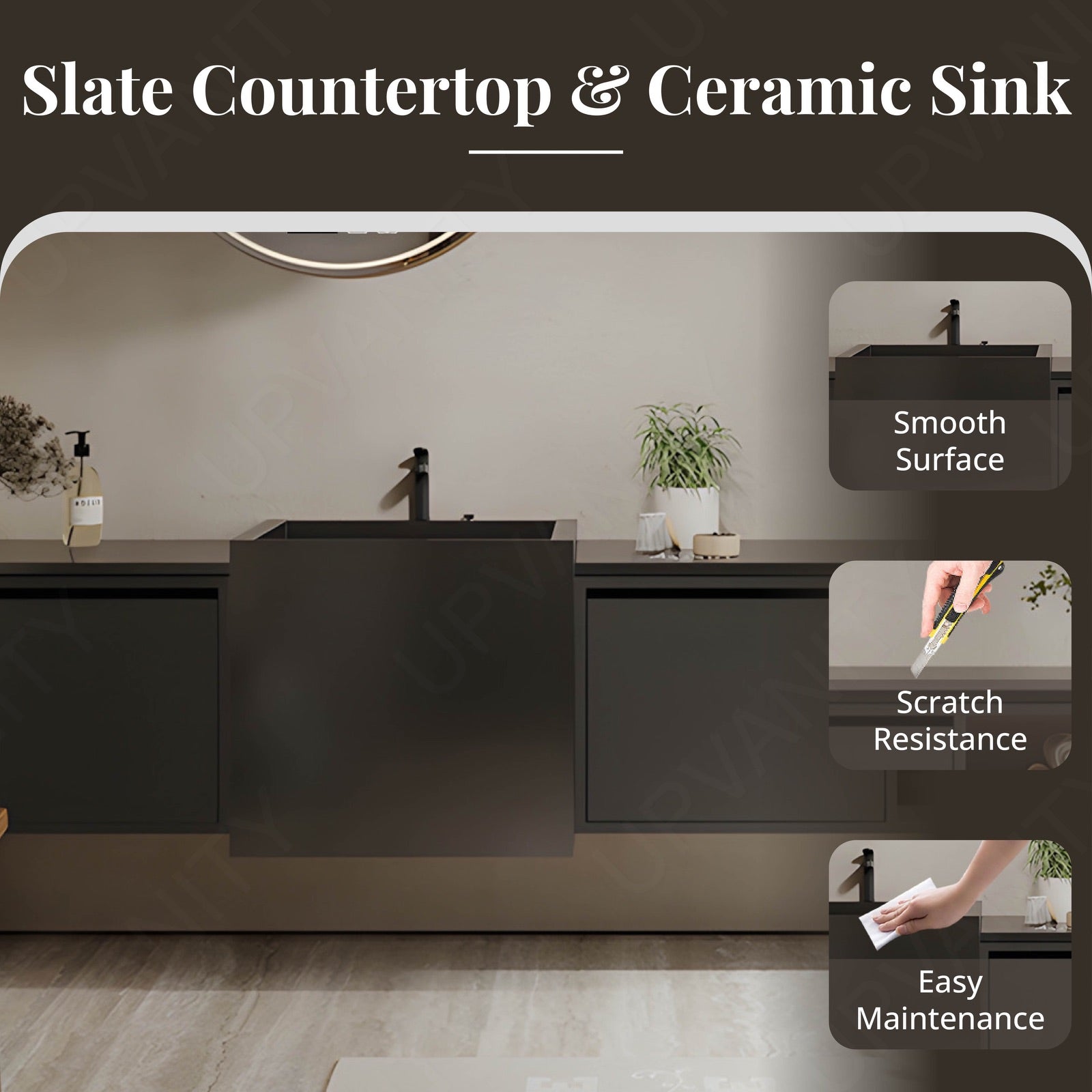 Modern Bath Vanity Set, Black, Split White Top, 52"-78", Double, Float