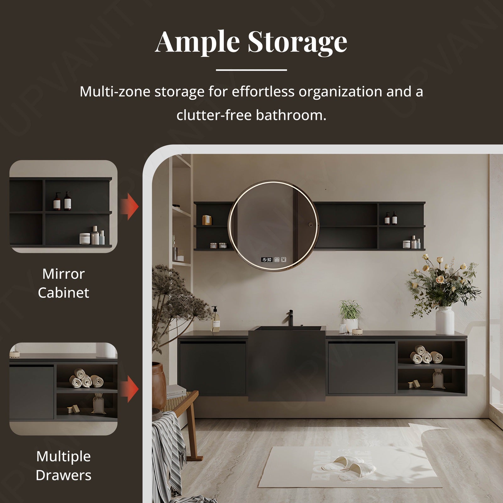 Modern Bath Vanity Set, Black, Split White Top, 52"-78", Double, Float