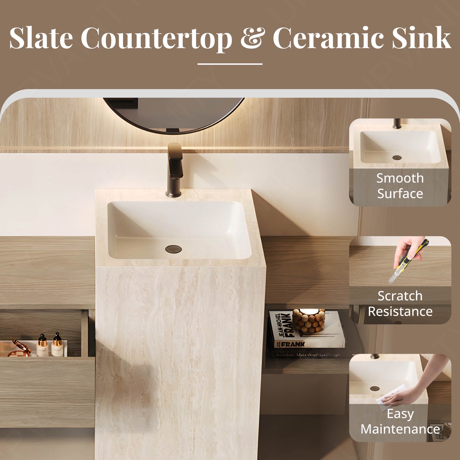 Modern Bath Vanity Set, Brown, Textured Column, 56"- 72", Single, Floa