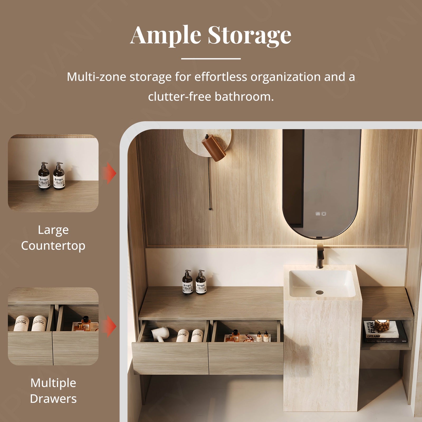 Modern Bath Vanity Set, Brown, Textured Column, 56"- 72", Single, Floa