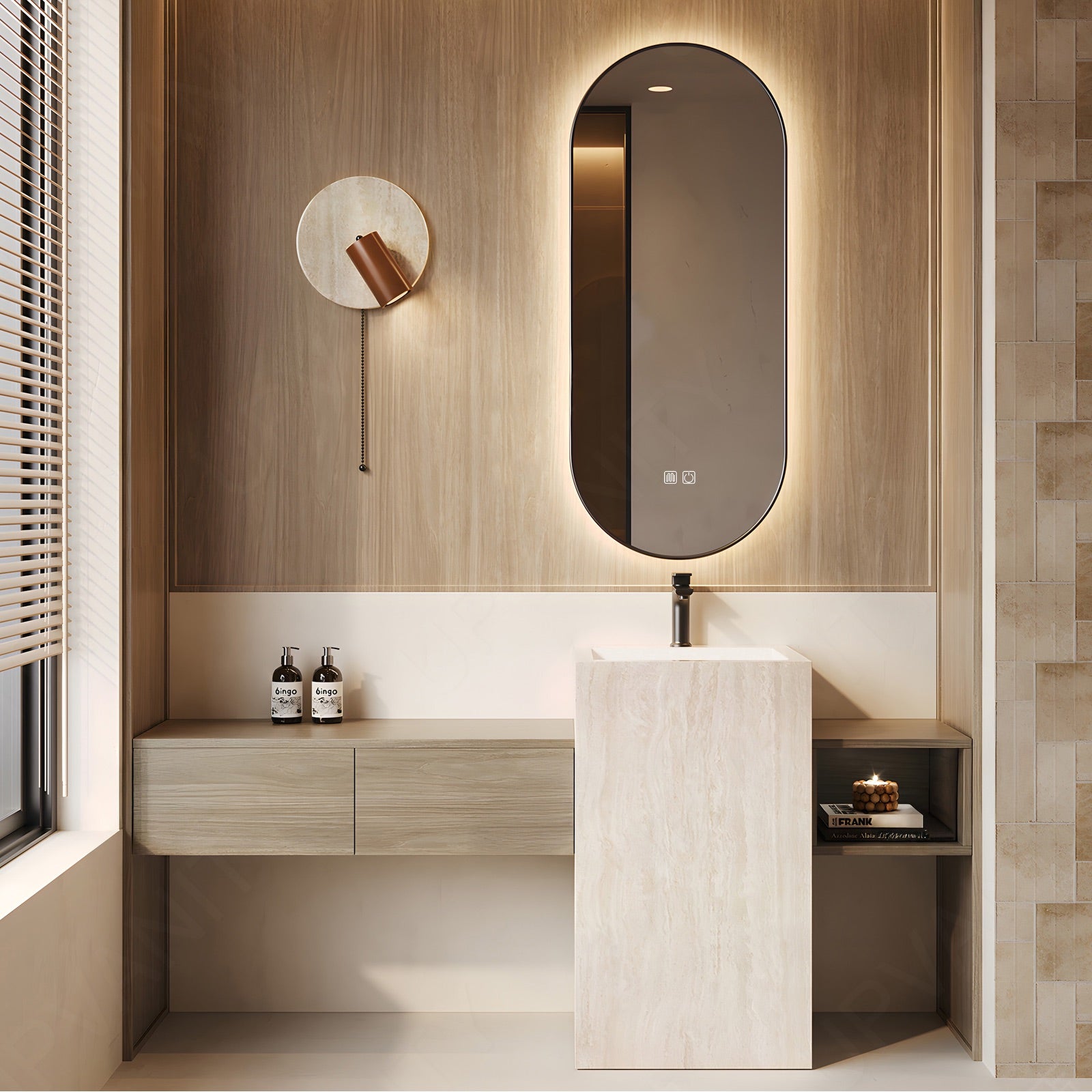 Modern Bath Vanity Set, Brown, Textured Column, 56"- 72", Single, Floa